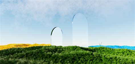 3d 렌더링 초현실적 인 녹색 얽히고 설킨 표면 초원 산 풍경 배경 추상적 인 환상적인 모래 언덕 파노라마 미래의 아름다움 초원복사 공간 푸른 하늘과 흐림 강단에 대한 스톡