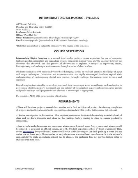 Intermediate Digital Imaging â Syllabus Course Description