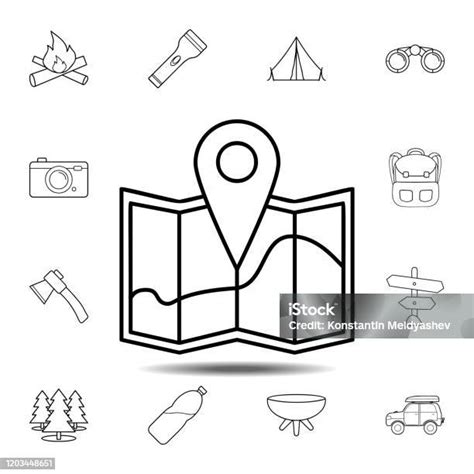 위치 핀을 매핑 아이콘에 표시합니다 Ui 및 Ux 웹 사이트 또는 모바일 응용 프로그램에 대한 캠핑 세트 아이콘의 간단한 개요