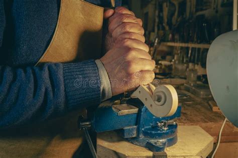 Luthier Working On Violin Scroll In His Workshop Stock Image Image Of Handmade Creating