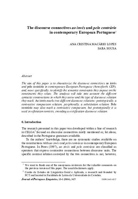 Pdf The Discourse Connectives Ao Invés And Pelo Contrário In Contemporary European Portuguese