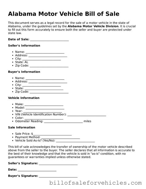 Valid Alabama Motor Vehicle Bill Of Sale Forms Simple Pdf Template