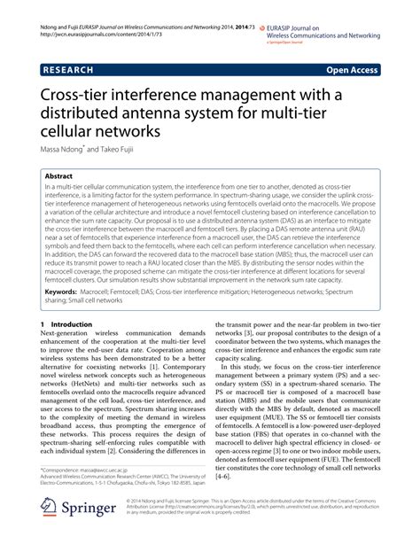 Pdf Cross Tier Interference Management With A Distributed Antenna System For Multi Tier
