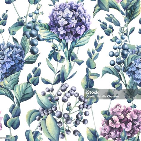파란색 라일락 분홍색 꽃의 수국 꽃과 흰색 배경에 유칼립투스 가지가 있습니다 수채화 그림입니다 웨딩 플라워 컬렉션의 매끄러운 패턴 장식 디자인용 수국에 대한 스톡 벡터 아트