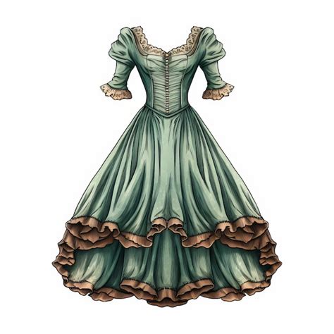 Detailed Sketching Of Green Victorian Dress On White Background