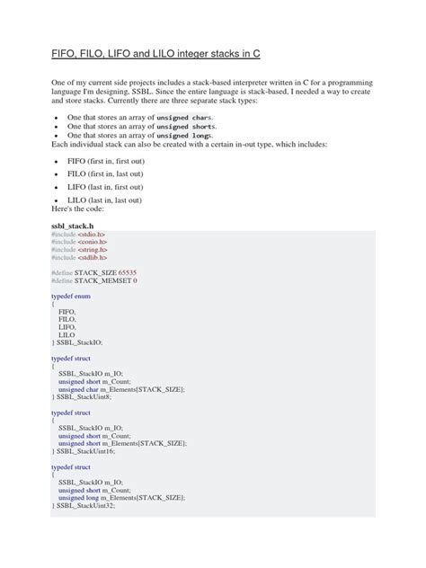 Fifo Filo Lifo And Lilo Integer Stacks In C Pdf Software