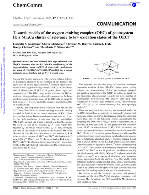 Pdf Towards Models Of The Oxygen Evolving Complex Oec Of Photosystem Ii A Mn 4ca Cluster Of