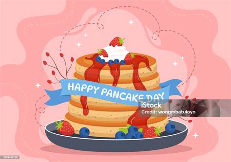 팬케이크 데이 벡터 일러스트레이션 수제 베이커리 플랫 만화 손으로 그린 템플릿에 시럽 체리 블루베리를 얹은 팬케이크 한 접시 9월에 대한 스톡 벡터 아트 및 기타 이미지
