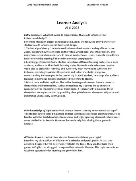 Learner Analysis Pdf Learning Instructional Design