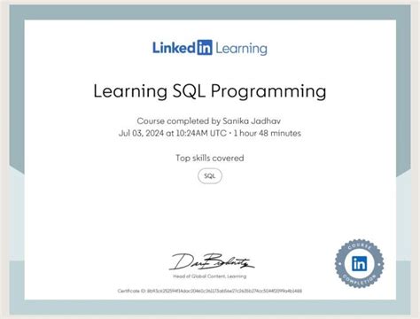 Linkedinlearning Sql Certification Datascience Sanika Jadhav