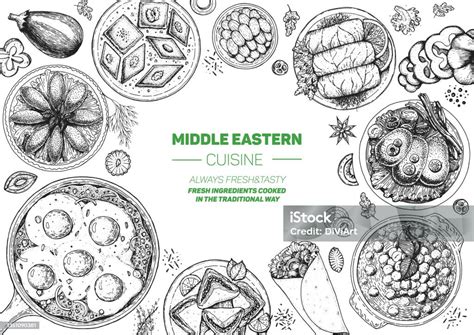 중동 음식 상단 보기 프레임 키베 돌마 샤와르마 과자를 곁들인 푸드 메뉴 디자인 빈티지 손으로 그린 스케치 벡터 일러스트 유대교에 대한 스톡 벡터 아트 및 기타 이미지