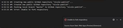 Github Codespaces Fail To Create A Static Web App With An Error Unable To Fork Respository