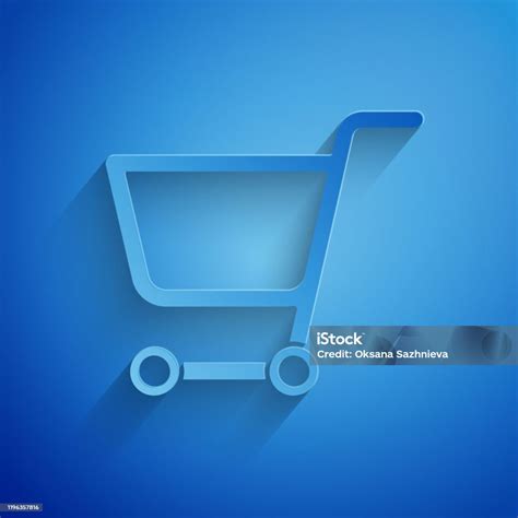 종이 컷 쇼핑 카트 아이콘 파란색 배경에 격리 온라인 구매 개념입니다 배달 서비스 기호입니다 슈퍼마켓 바구니 기호입니다 종이 아트 스타일입니다 벡터 일러스트레이션 가방에