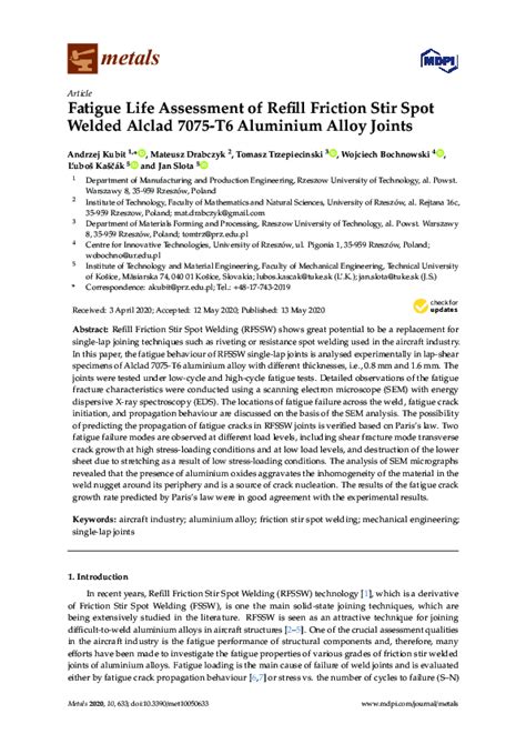 Pdf Fatigue Life Assessment Of Refill Friction Stir Spot Welded Alclad 7075 T6 Aluminium Alloy