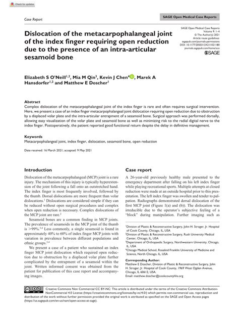 Pdf Dislocation Of The Metacarpophalangeal Joint Of The Index Finger