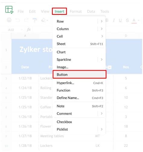 Insert A Button In A Sheet Zoho Sheet Help Guide