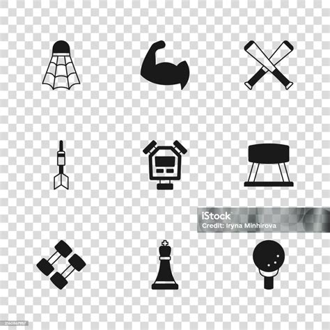 세트 체스 Pommel 말 티에 골프 공 스톱워치 교차 야구 방망이 배드민턴 셔틀콕 근육을 보여주는 보디 빌더와 다트 화살표 아이콘 벡터 개념에 대한 스톡 벡터 아트 및