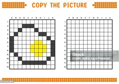 그림을 복사하고 그리드 이미지를 완성합니다 사각형으로 그리는 교육용 워크시트 셀 영역 색칠 유치원 활동 어린이 게임 만화 벡터 일러스트 레이 션 픽셀 아트 계란 후라이