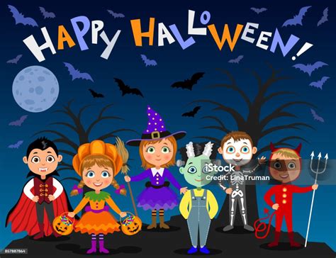 즐거운 할로윈 보내세요 할로윈 의상에서 아이 들 흡혈귀 드라큘라 악마 마녀 호박 좀비 해골 남자와 여자 밤 배경 벡터 문자입니다 할로윈에 대한 스톡 벡터 아트 및 기타