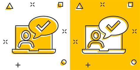 만화 스타일 Pc 사용자 확인 표시 만화 벡터 일러스트 레이 션에 노트북 컴퓨터 아이콘을 가진 사람들 격리 된 흰색 배경 사무실 관리자 스플래시 효과 비즈니스 개념