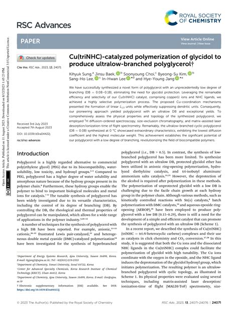 Pdf Cutrinhc Catalyzed Polymerization Of Glycidol To Produce