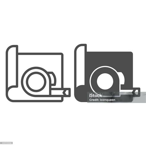 프로젝트 종이와 줄자 선과 단단한 아이콘 건축가 스튜디오 개념 벡터 그래픽입니다 흰색 배경에 프로젝트 계획 표시가 있는 눈금자 릴 모바일 또는 웹 디자인을 위한 개요 스타일