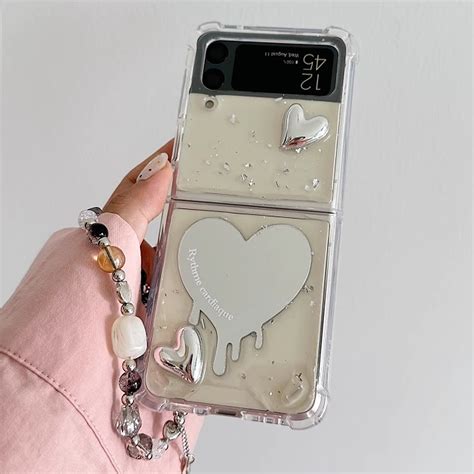 비즈 스트랩 세트 실버 하트 미러 투명 실리콘 범퍼 갤럭시 Z플립5 Z플립4 Z플립3 제트플립5 제트플립4 제트플립3 지플립5 지플립4 지플립3 예쁜 글리터 디자인 케이스