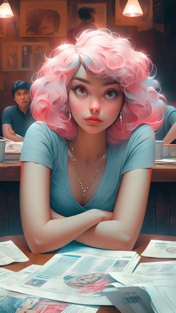 Garota De Anime Com Cabelo Encaracolado Azul Gelado Embaixo Da Mesa E Jornal Gerado Por Ia