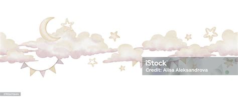 부드러운 구름 별 초승달이 있는 수채화 테두리 베이비 샤워 초대장 생일 카드 또는 보육원 디자인을 위한 이음매 없는 패턴의 그림