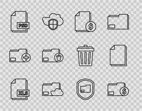 Set Line Xls File Document Finance Folder Cloud Storage Text Psd Delete Document Protection