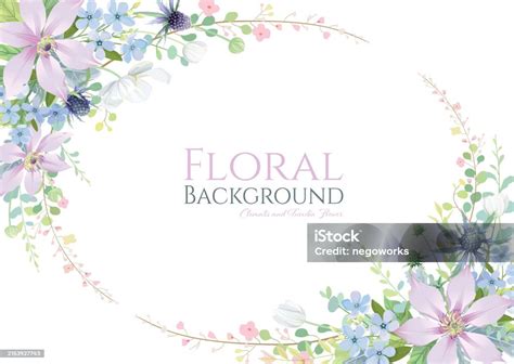 클레 마티스와 Tweedia는 흰색 배경에 녹색 프레임 테두리를 가지고 있습니다 결혼식 초대장 또는 인사말 카드 배너에 대 한 아름 다운 템플릿입니다 모든 요소는 분리되어