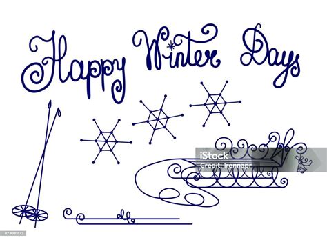 손 필기체 쓰기 편지 작성 문구 행복 한 일 눈 스키 썰매 및 눈송이의 벡터입니다 개체 그룹에 대한 스톡 벡터 아트 및 기타 이미지 개체 그룹 겨울 계절 Istock