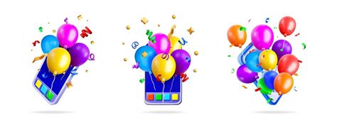 Colorful Balloons Fly Out From Mobile Phone With Confetti Online