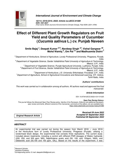 Pdf Effect Of Different Plant Growth Regulators On Fruit Yield And Quality Parameters Of