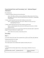 Lab Experimental Errors And Uncertainty Docx Experimental Errors And