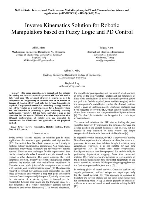 Pdf Inverse Kinematics Solution For Robotic Manipulators Based On Fuzzy Logic And Pd Control