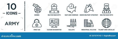 Army Linear Icon Set Includes Thin Line Bombs Map And Compass Orientation Tools Militar Man
