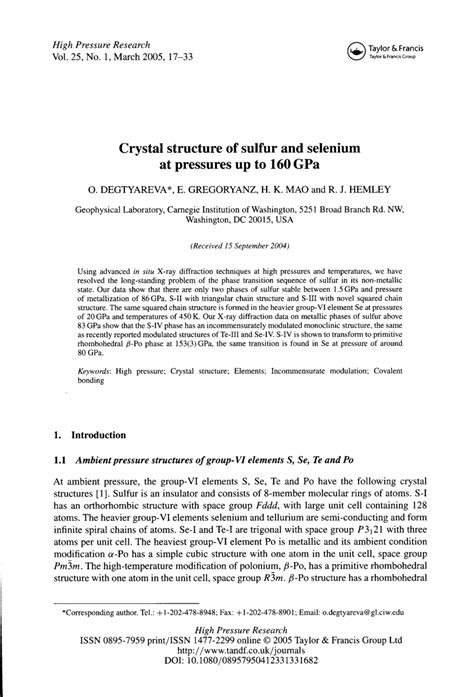 Pdf Crystal Structure Of Sulfur And Selenium At Pressures Up To 160 Gpa