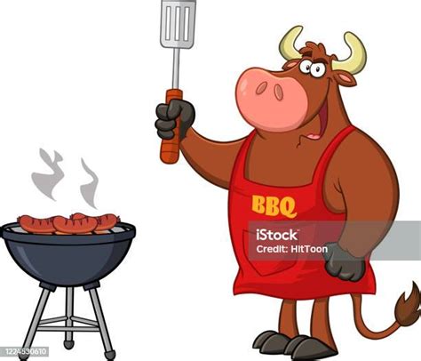 황소 요리사 만화 마스코트 캐릭터 는 바베큐에 의해 슬롯 주걱을 들고 고기에 대한 스톡 벡터 아트 및 기타 이미지 고기
