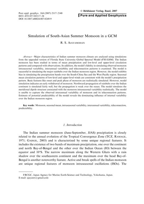 Pdf Simulation Of South Asian Summer Monsoon In A Gcm