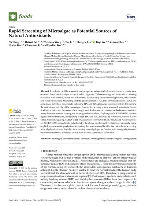 Pdf Rapid Screening Of Microalgae As Potential Sources Of Natural Antioxidants