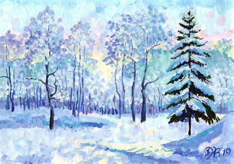 Зимний пейзаж рисунки гуашью детский