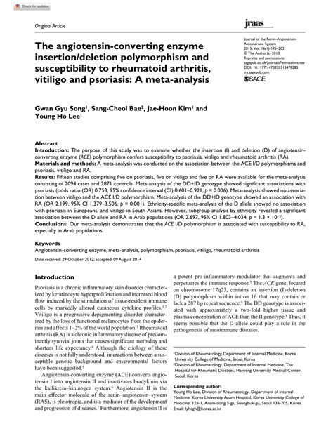 Pdf The Angiotensin Converting Enzyme Insertiondeletion Polymorphism And Susceptibility To