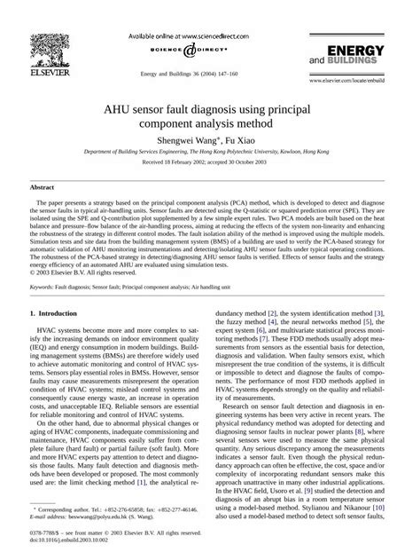 Pdf Ahu Sensor Fault Diagnosis Using Principal Component Analysis