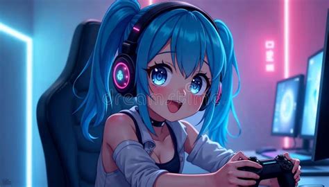 Happy Anime Girl Gamer Playing Video Games Stock Illustration