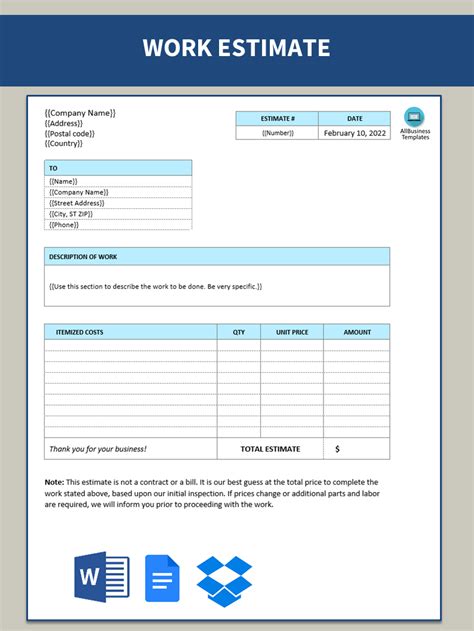 Work Estimate Template Excel