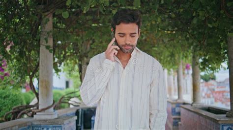 Man Speaking Smartphone At Balcony Vertical Closeup Guy Talking Phone