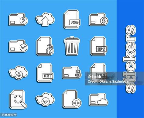 라인 클라우드 스토리지 텍스트 문서 폴더 Xls 파일 Eps Psd 문서 및 잠금 확인 표시 알 수 없음 및 휴지통 아이콘을 설정합니다 벡터 검색에 대한 스톡 벡터 아트 및