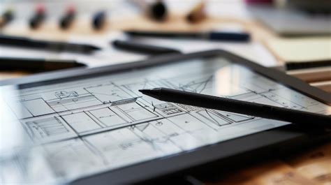 Premium Photo Digital Tablet Displaying Architectural Blueprints