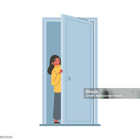 안쪽에서 문을 여는 소녀 흰색 배경에 분리된 평면 벡터 그림 노크하기에 대한 스톡 벡터 아트 및 기타 이미지 노크하기 닫은